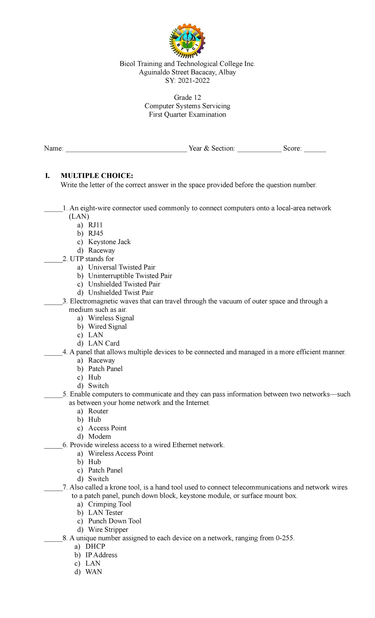 Test paper grade 12 2022 - Bicol Training and Technological College Inc ...