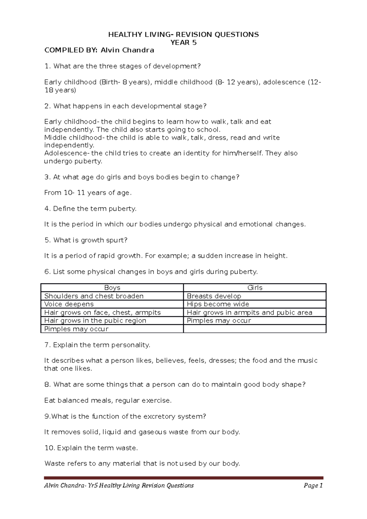 YR5 Healthy Living Revision Questions Final Version - HEALTHY LIVING ...