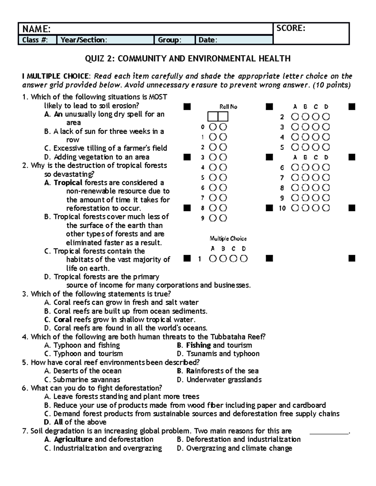 Health 9 1st quiz 2 commnity and environmental health with evalbee ...