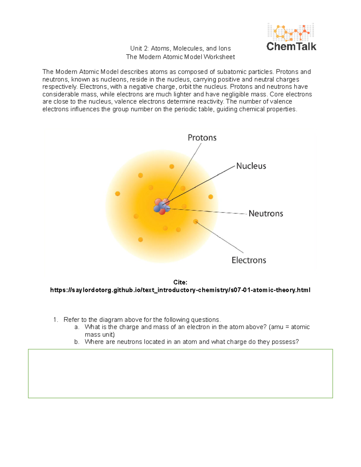 The Modern Atomic Model Worksheet - Protons and neutrons, known as ...