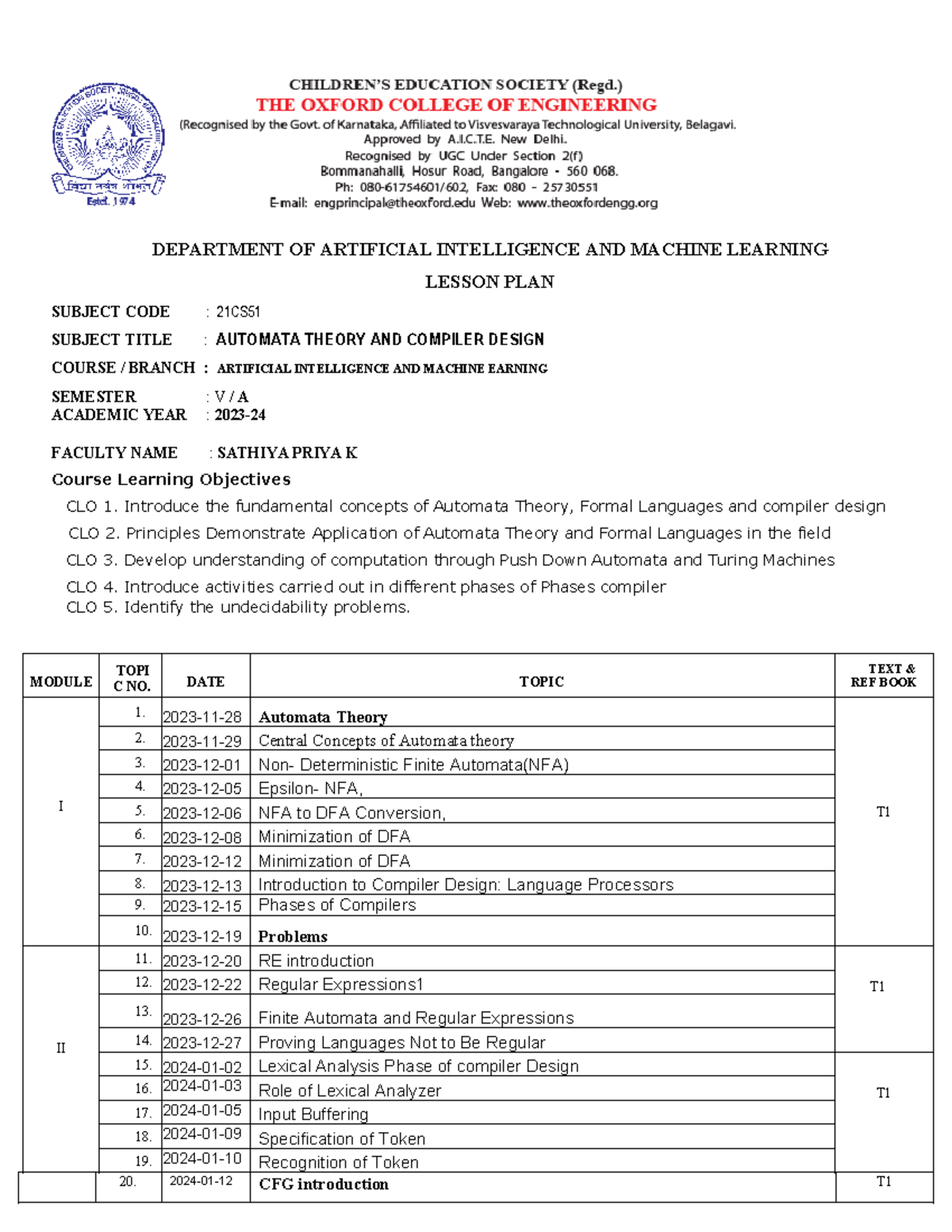 21CS51 lesson plan - Summary Automata Theory and Compiler Design ...