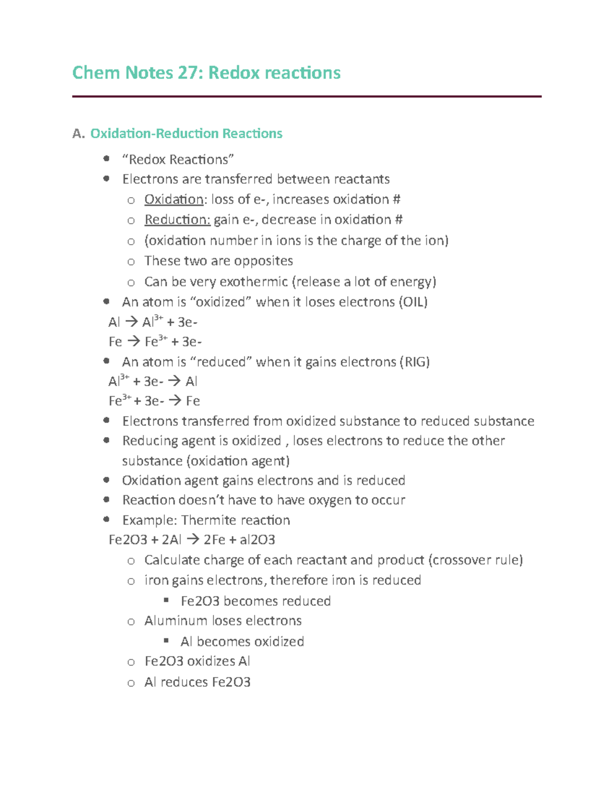 lecture notes balancing redox reactions hilty - Chem Notes 27: Redox ...