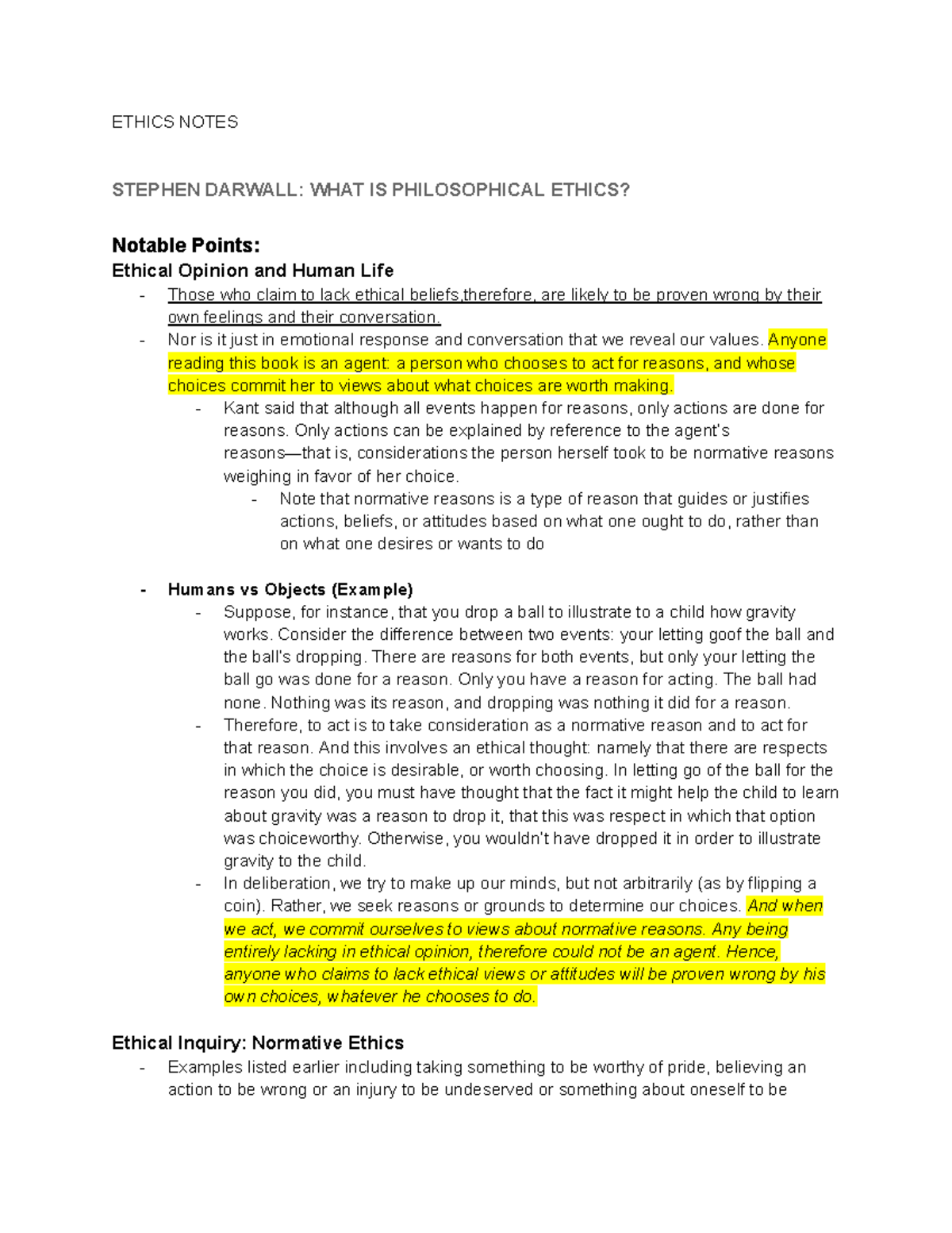 Ethics Notes - ETHICS NOTES STEPHEN DARWALL: WHAT IS PHILOSOPHICAL ...