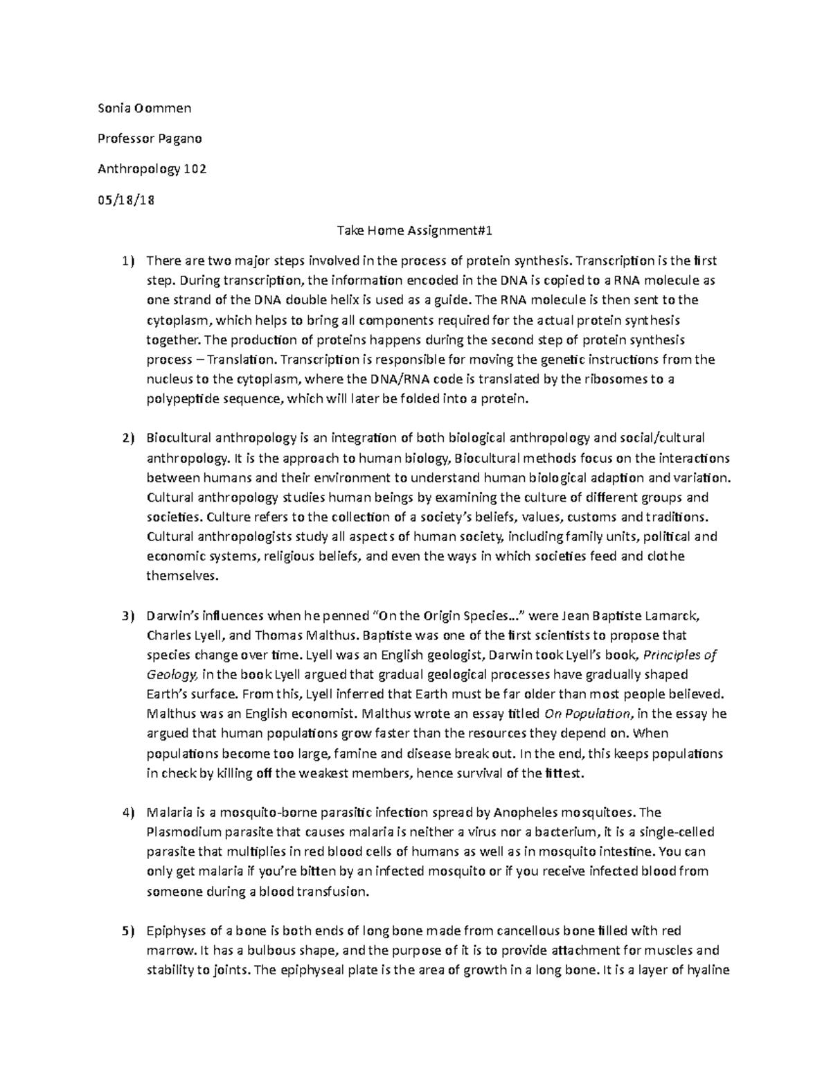 Anthro 102 #1 - Assignment for tests - Sonia Oommen Professor Pagano ...