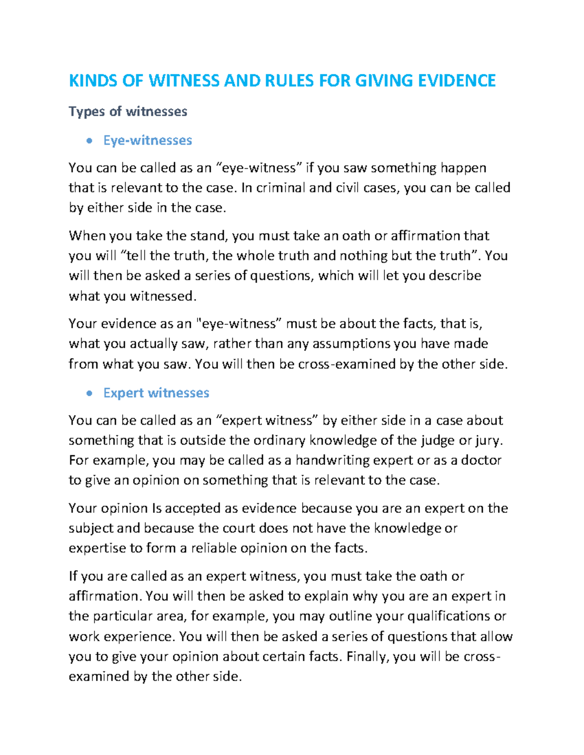 Kinds of witnesses - KINDS OF WITNESS AND RULES FOR GIVING EVIDENCE ...