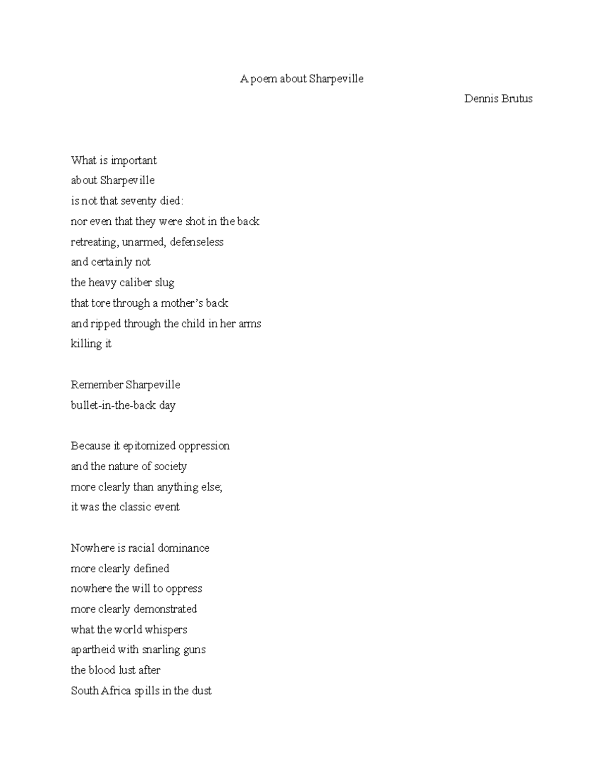 Untitled document - simple notes - A poem about Sharpeville Dennis ...