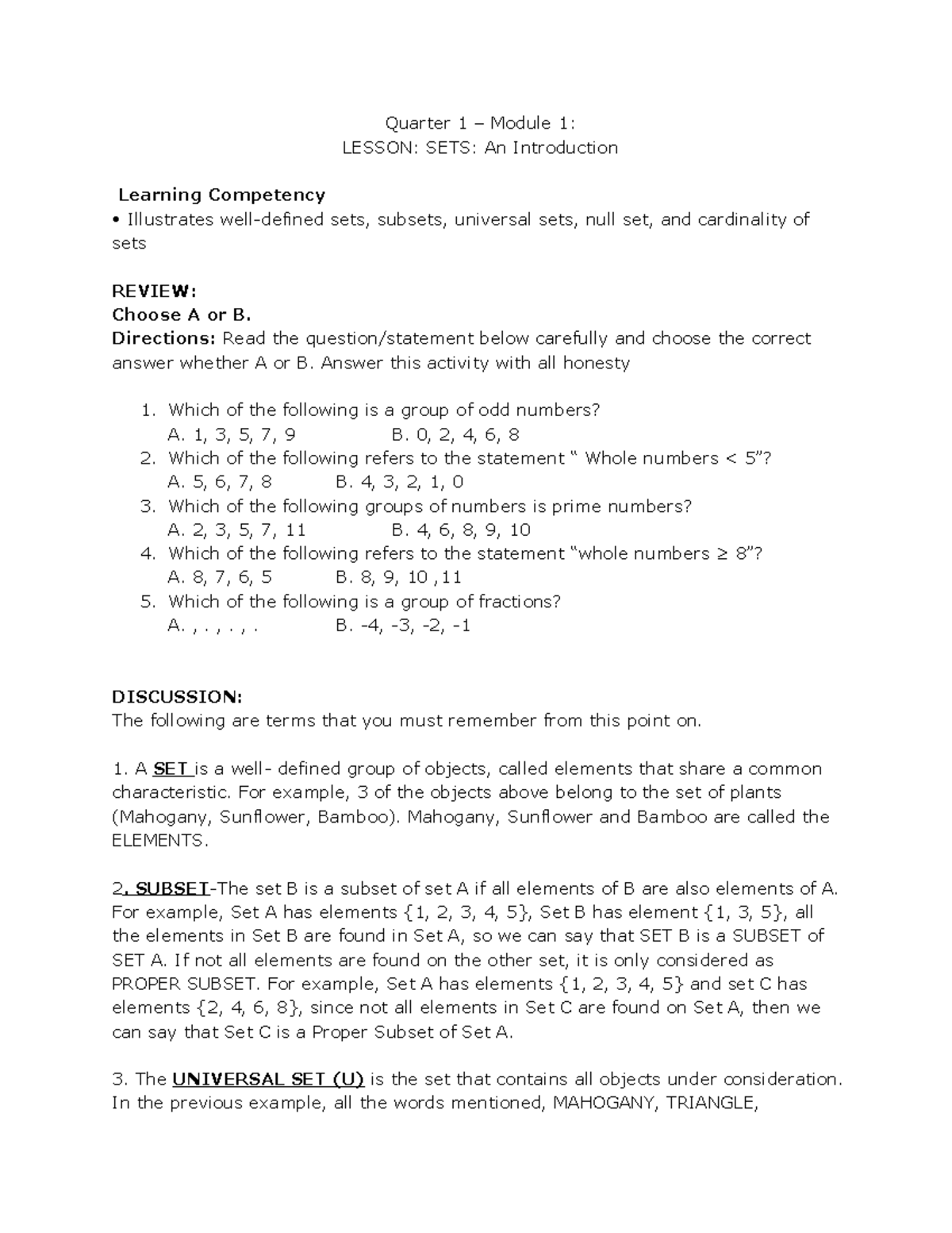 Module 1 - SET - Quarter 1 – Module 1: LESSON: SETS: An Introduction ...