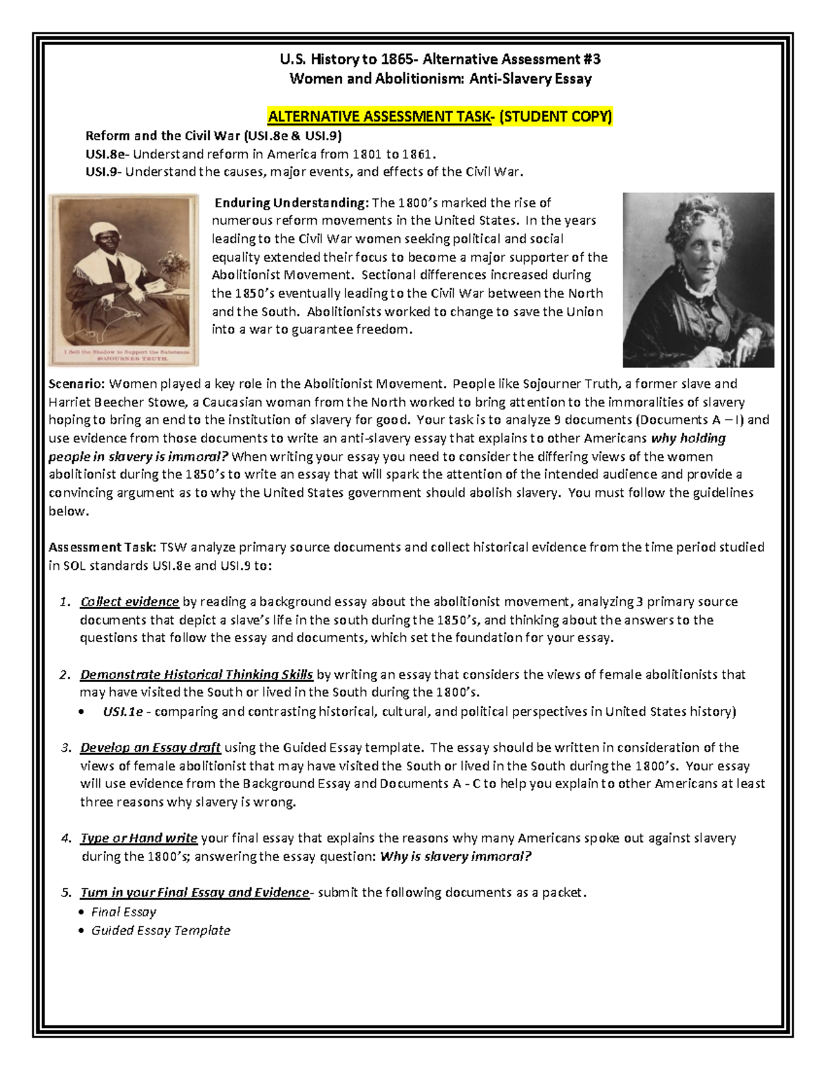 AA 3-Anti- Slavery Essay Student Task - U. History to 1865- Alternative ...