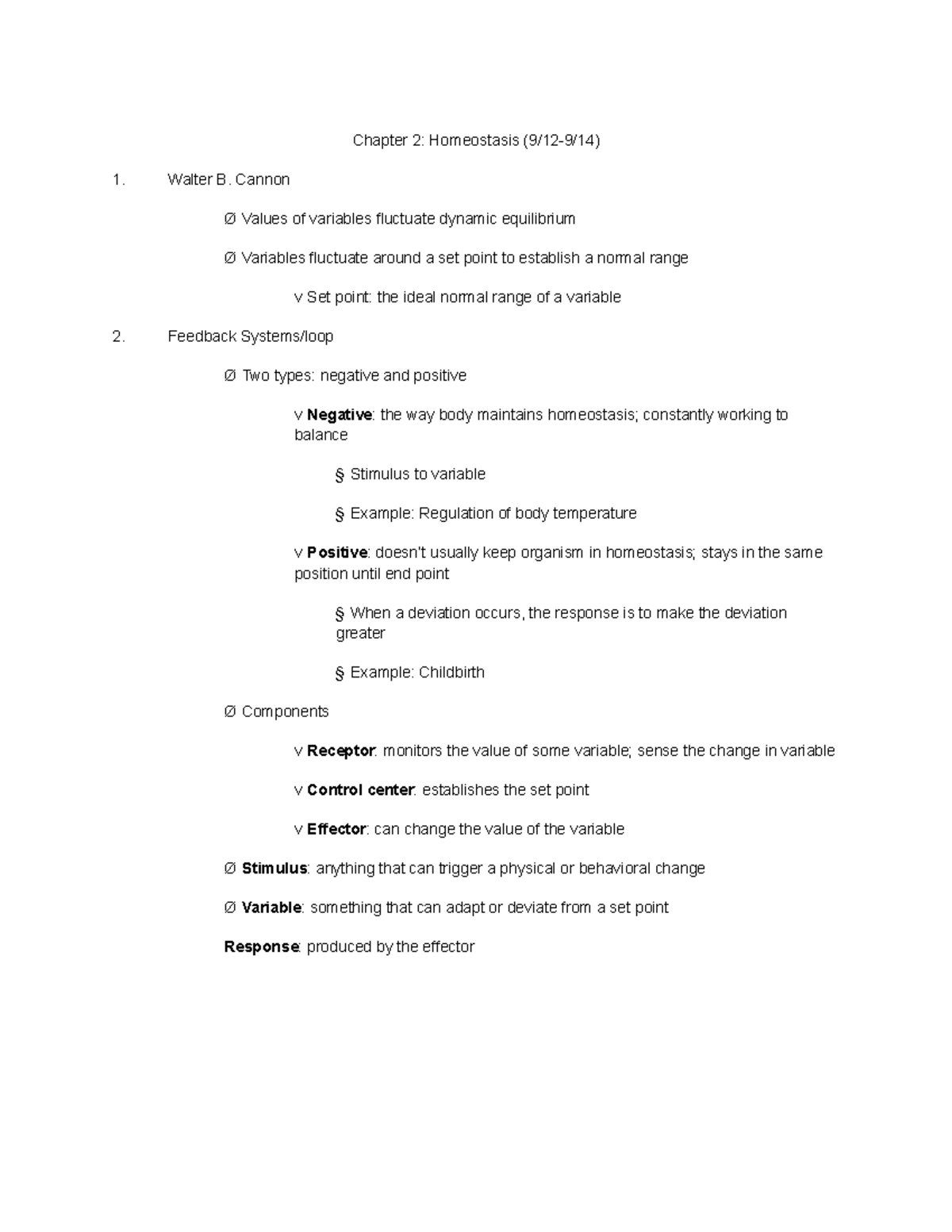 Chapter 2 Homeostasis (9 12-9 14) - Chapter 2: Homeostasis (9/12-9/14 ...