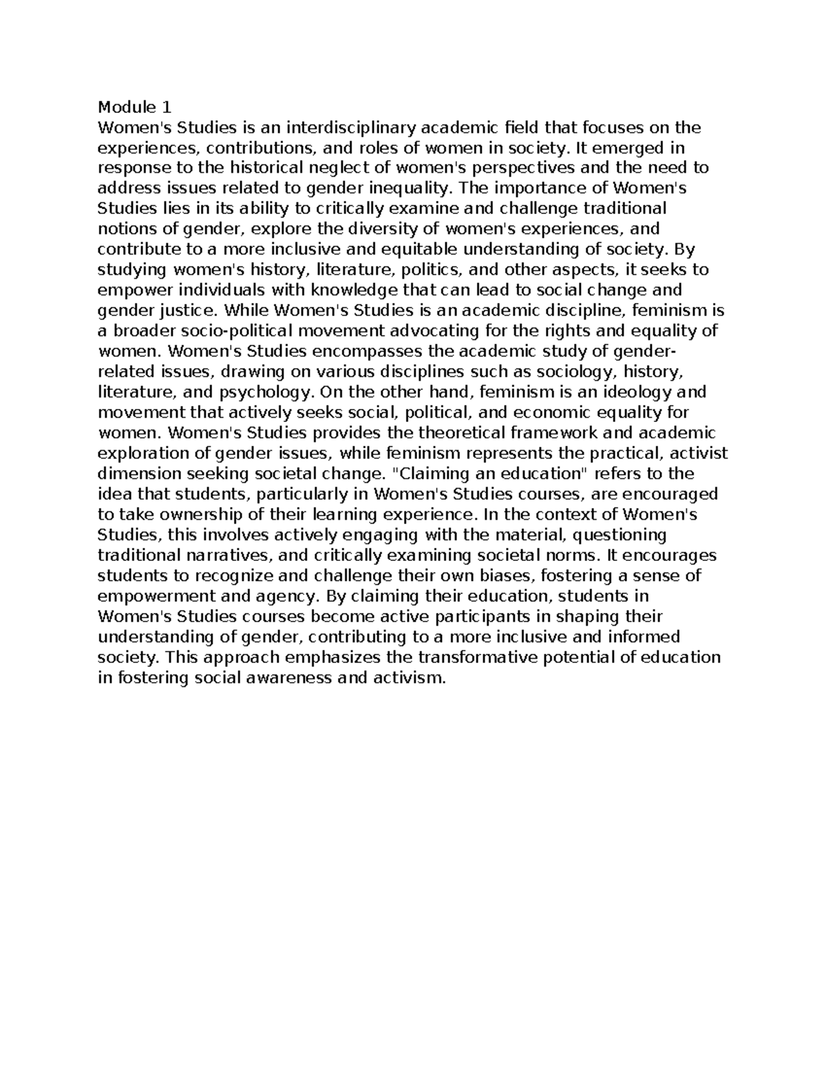 Womens studies - Module 1 - Module 1 Women's Studies is an ...