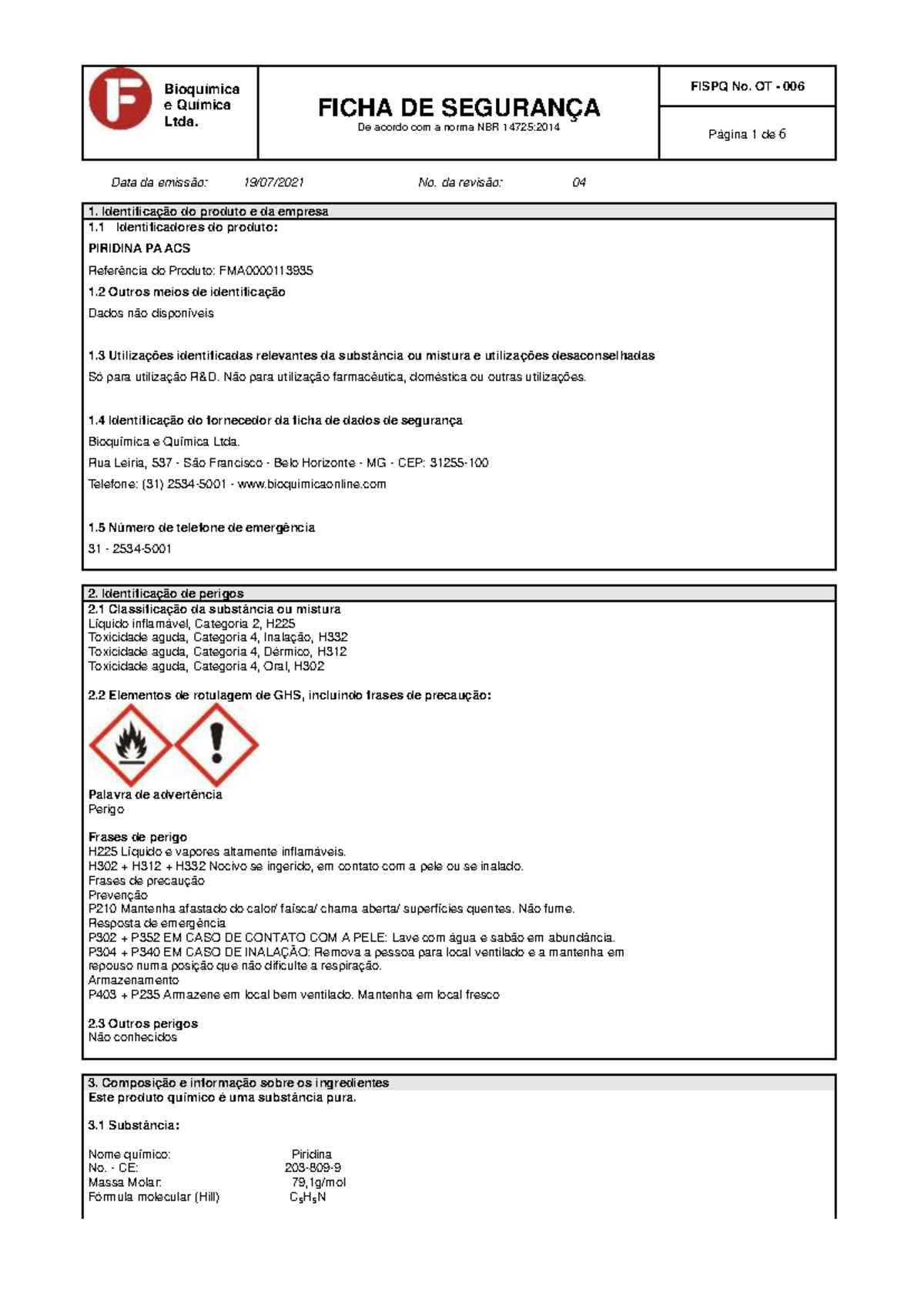 Fispq- Piridina-PA - FICHA DE SEGURANÇA De acordo com a norma NBR 14725 ...