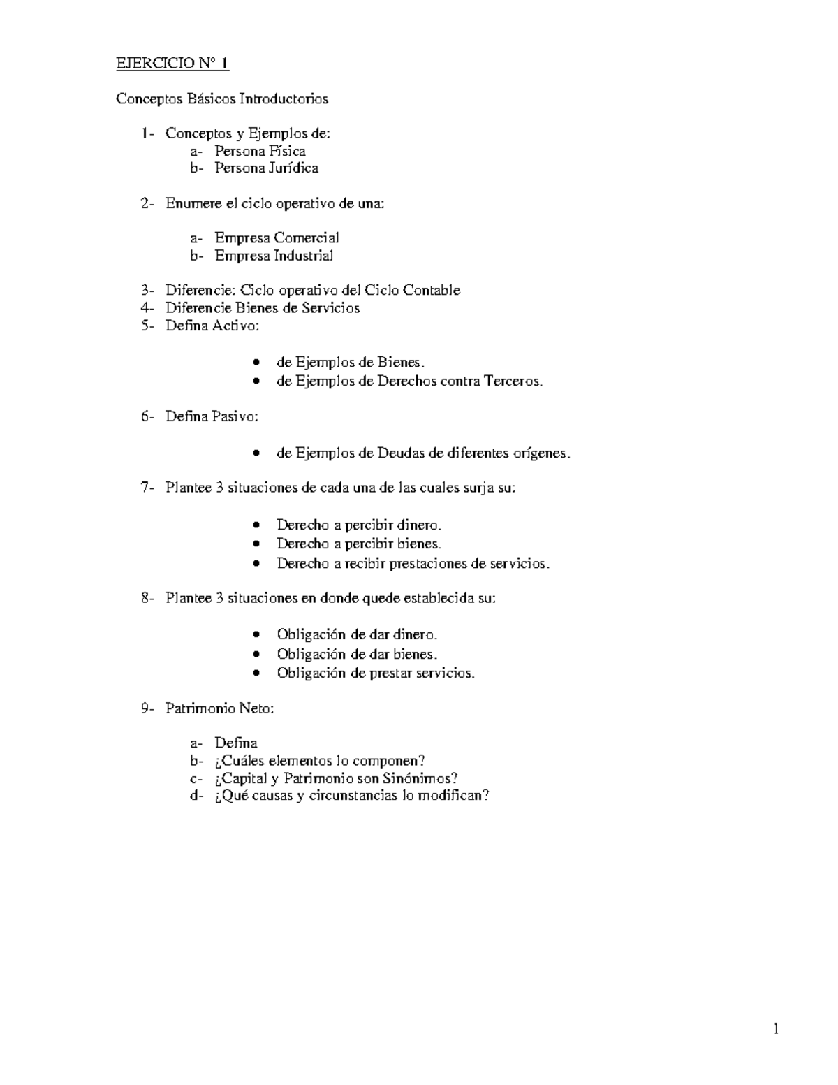Teoria Contable - Ejercicios 1) - EJERCICIO N° 1 Conceptos Básicos Introductorios 1 - Conceptos ...
