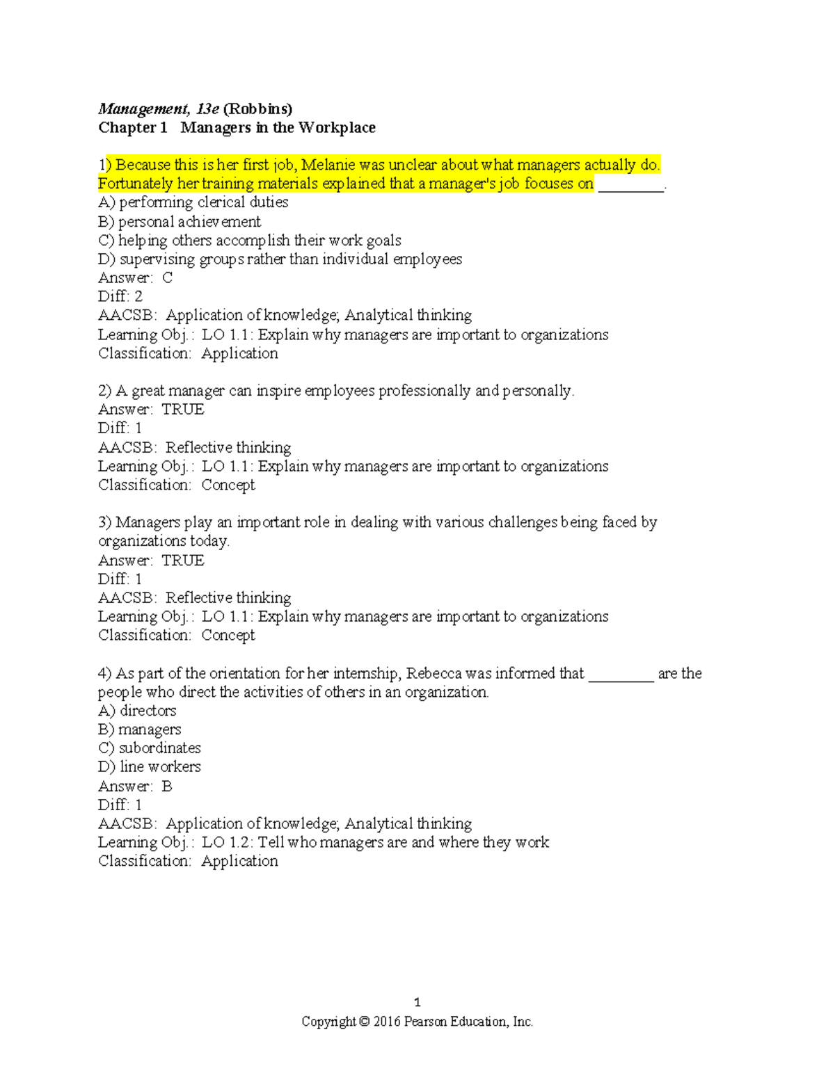 Chapter 1 - Question Bank - Management, 13e (Robbins) Chapter 1 ...