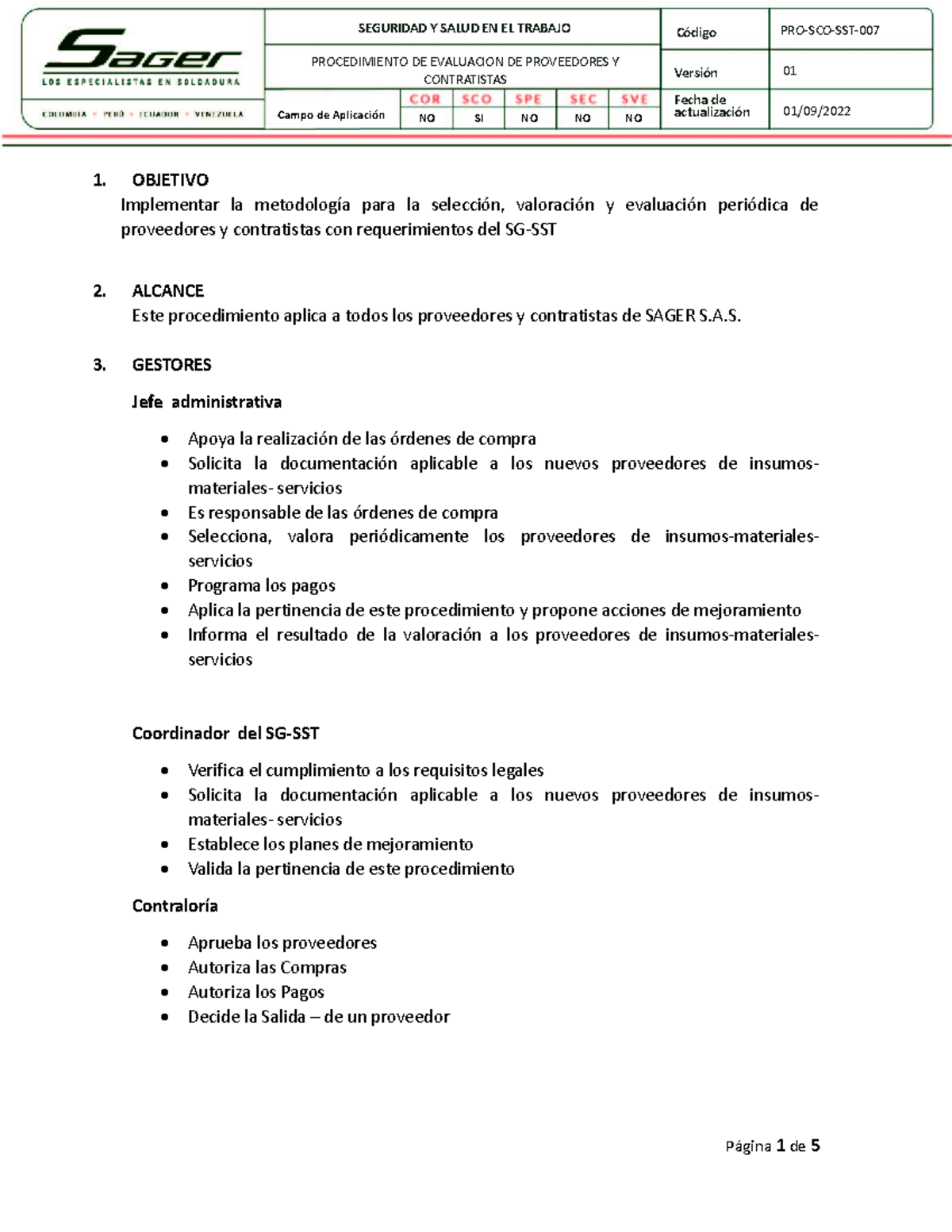PRO-SCO-SST-007 Procedimiento DE Evaluacion DE Proveedores Y ...