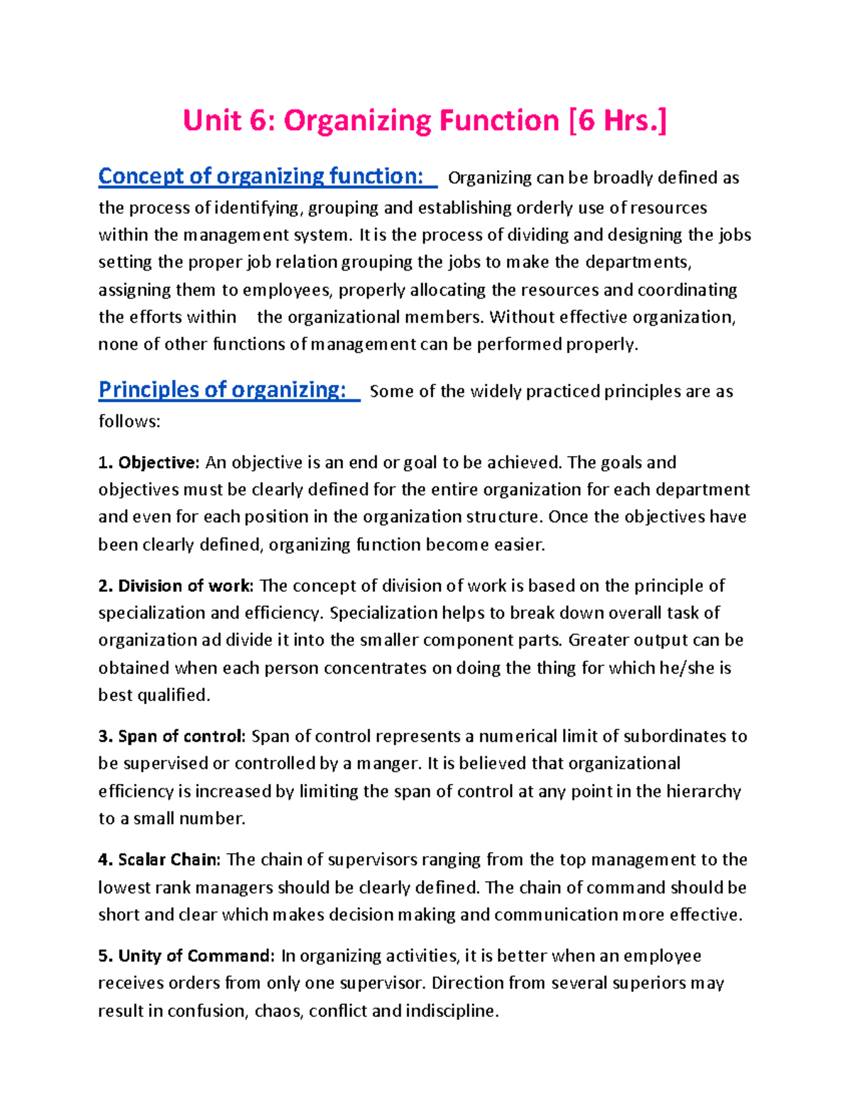 POM Unit-6 - Unit 6: Organizing Function [6 Hrs.] Concept of organizing ...