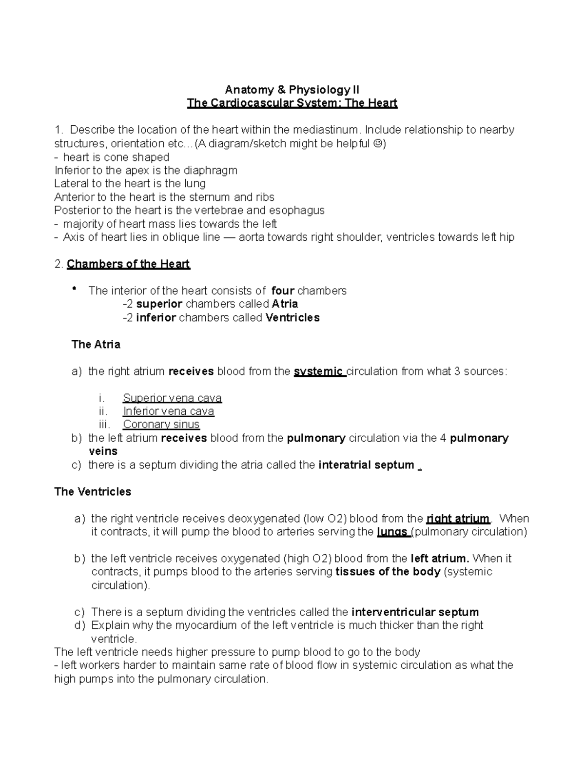 Lab- Heart - notes - Anatomy & Physiology II The Cardiocascular System ...