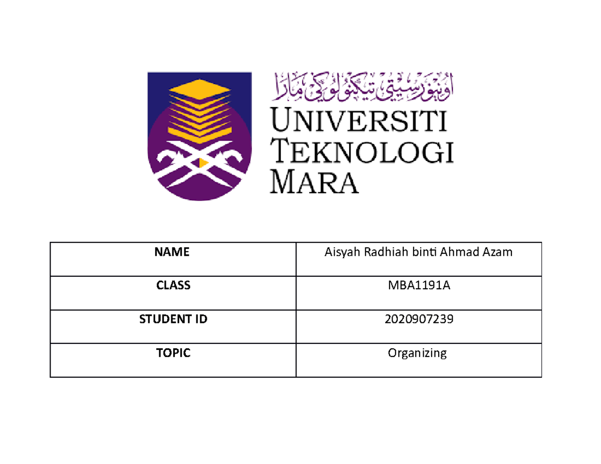 Mgt 162 chapter 4 tutorial work - NAME Aisyah Radhiah binti Ahmad Azam CLASS MBA1191A STUDENT ID ...