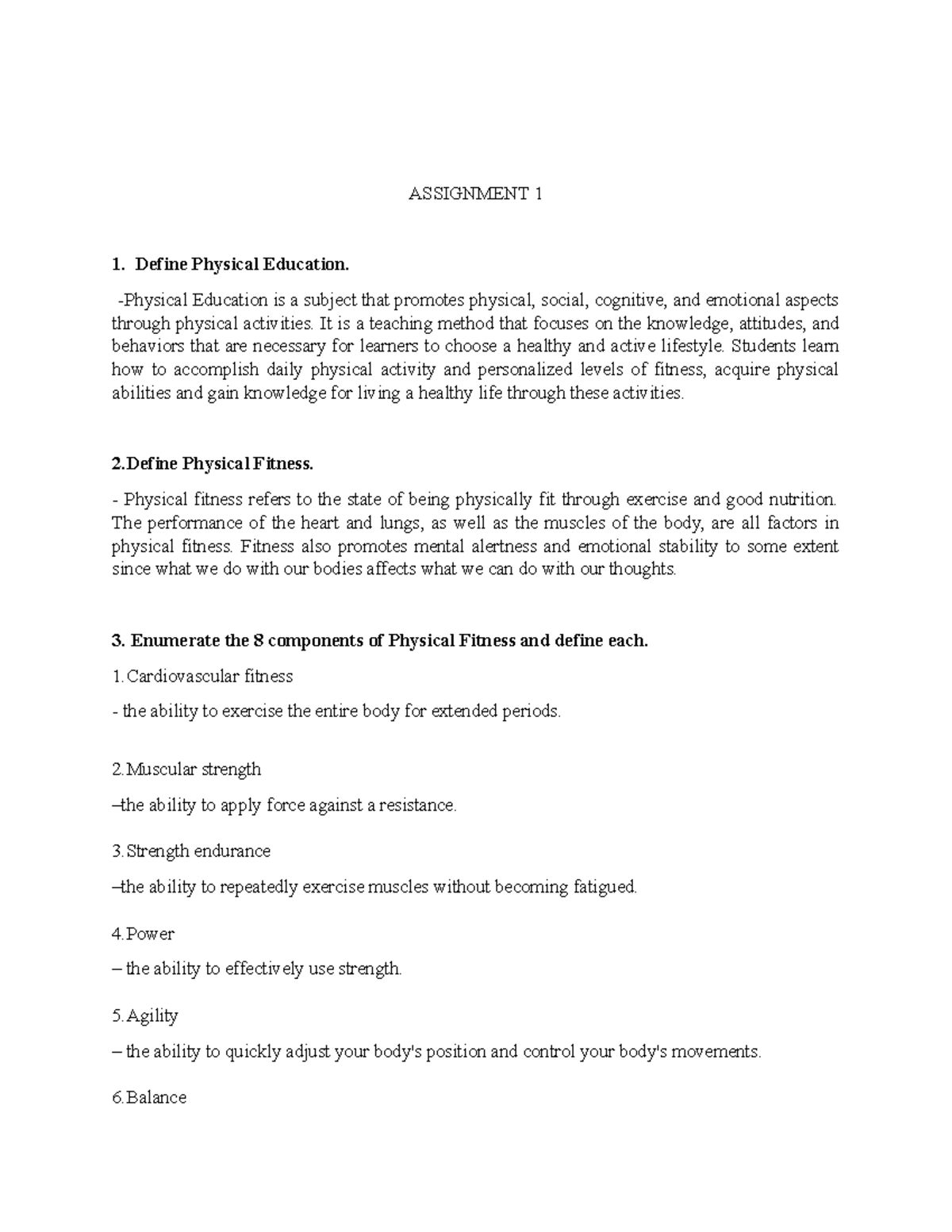 PE Paper - PE ASSIGNMENT - ASSIGNMENT 1 Define Physical Education ...