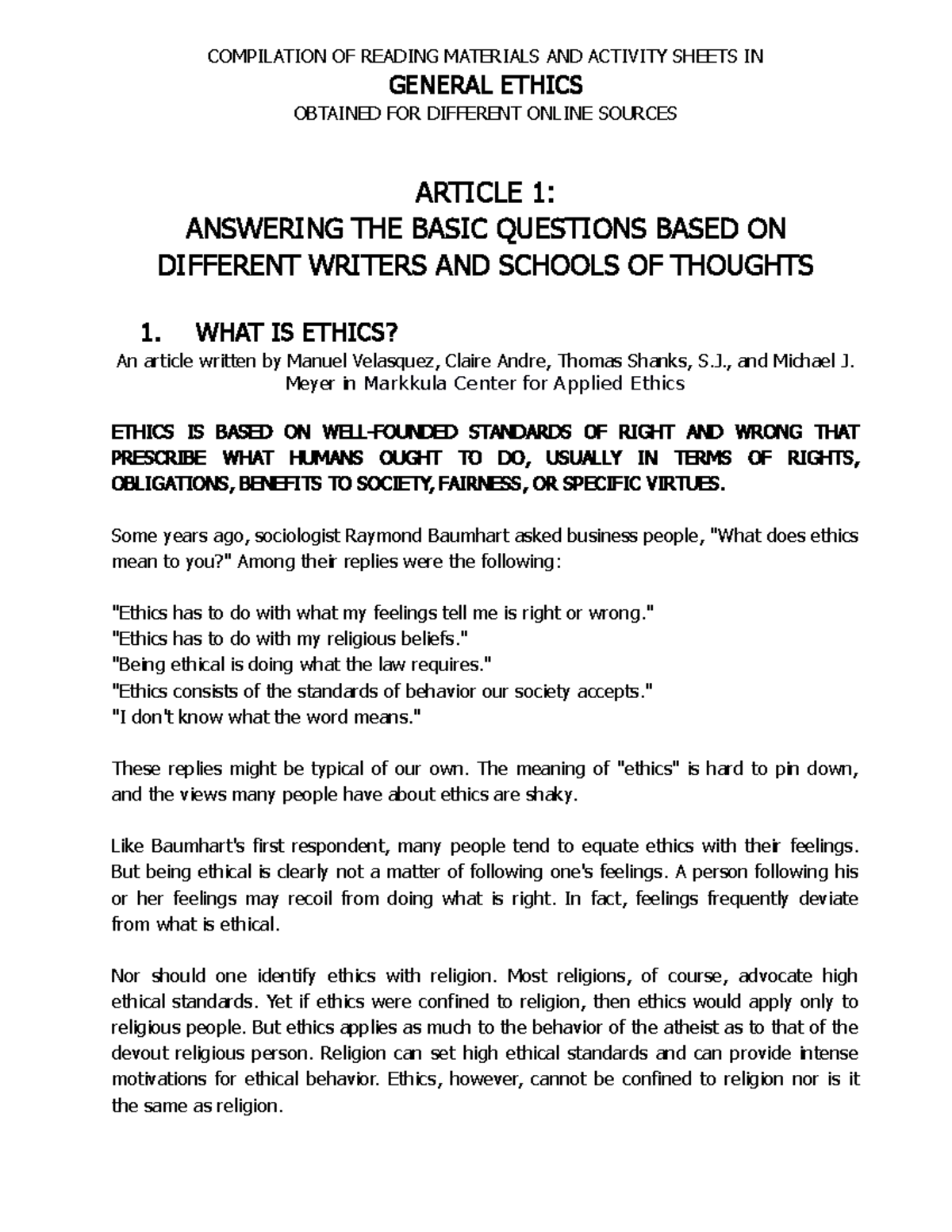 Ethics AND Moral Philosophy - COMPILATION OF READING MATERIALS AND ...