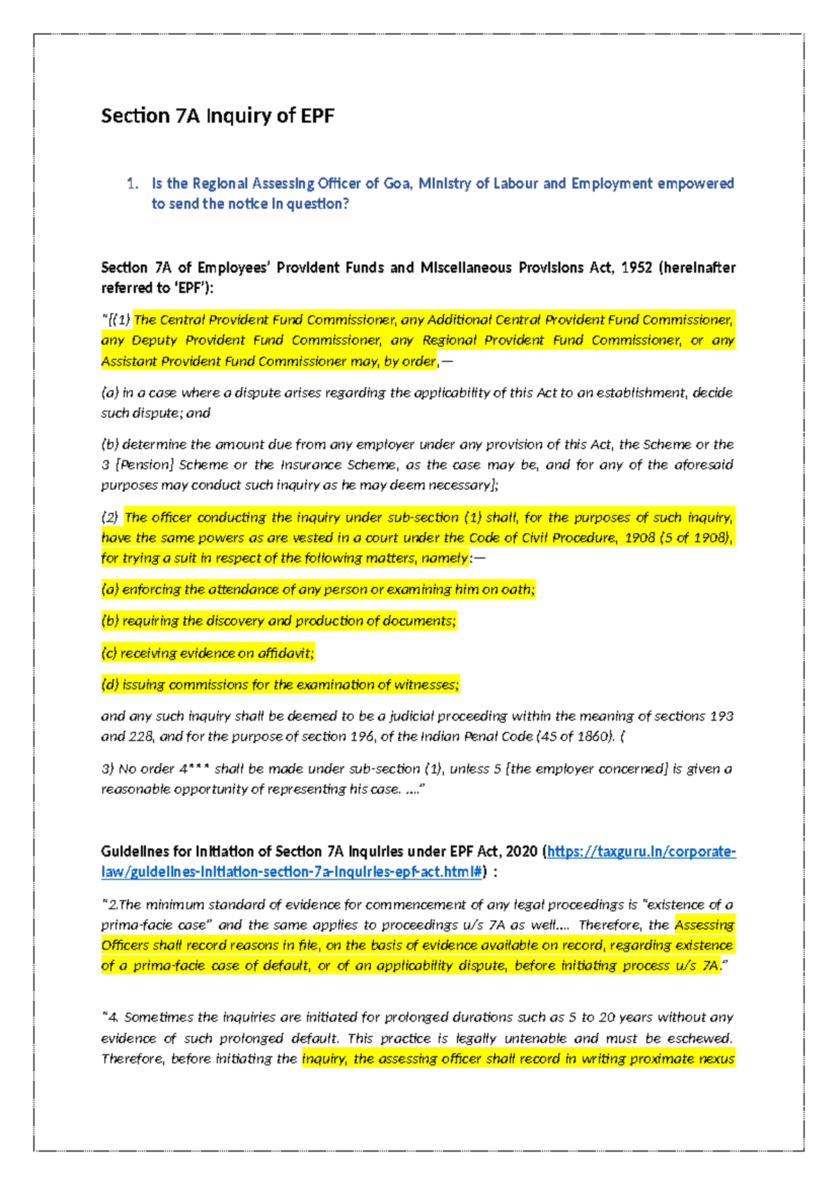 Section 7A Inquiry Continued - Section 7A Inquiry of EPF Is the Regional Assessing Officer of ...