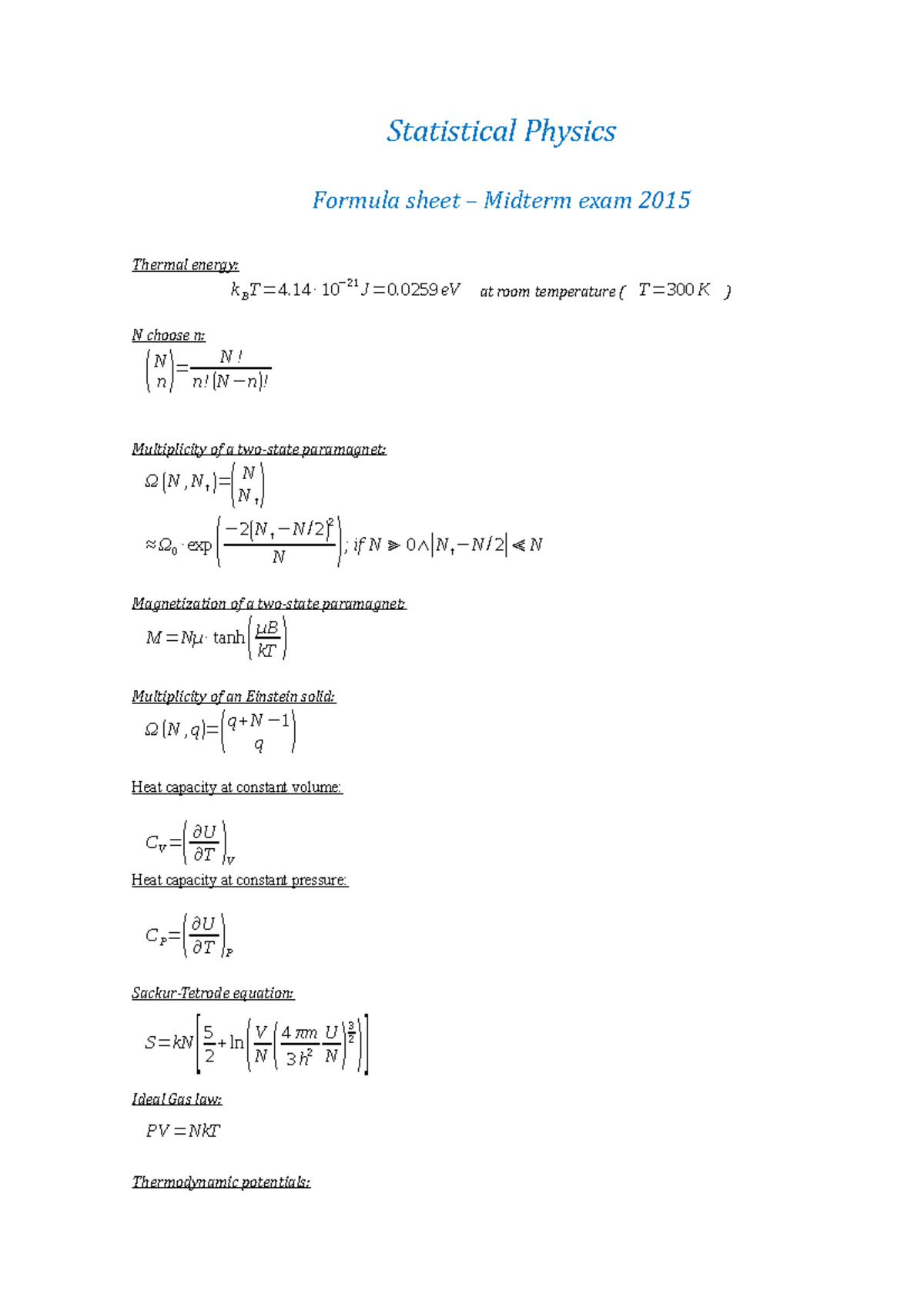 Formule blad Midterm 2015 - Statistical Physics Formula sheet – Midterm ...
