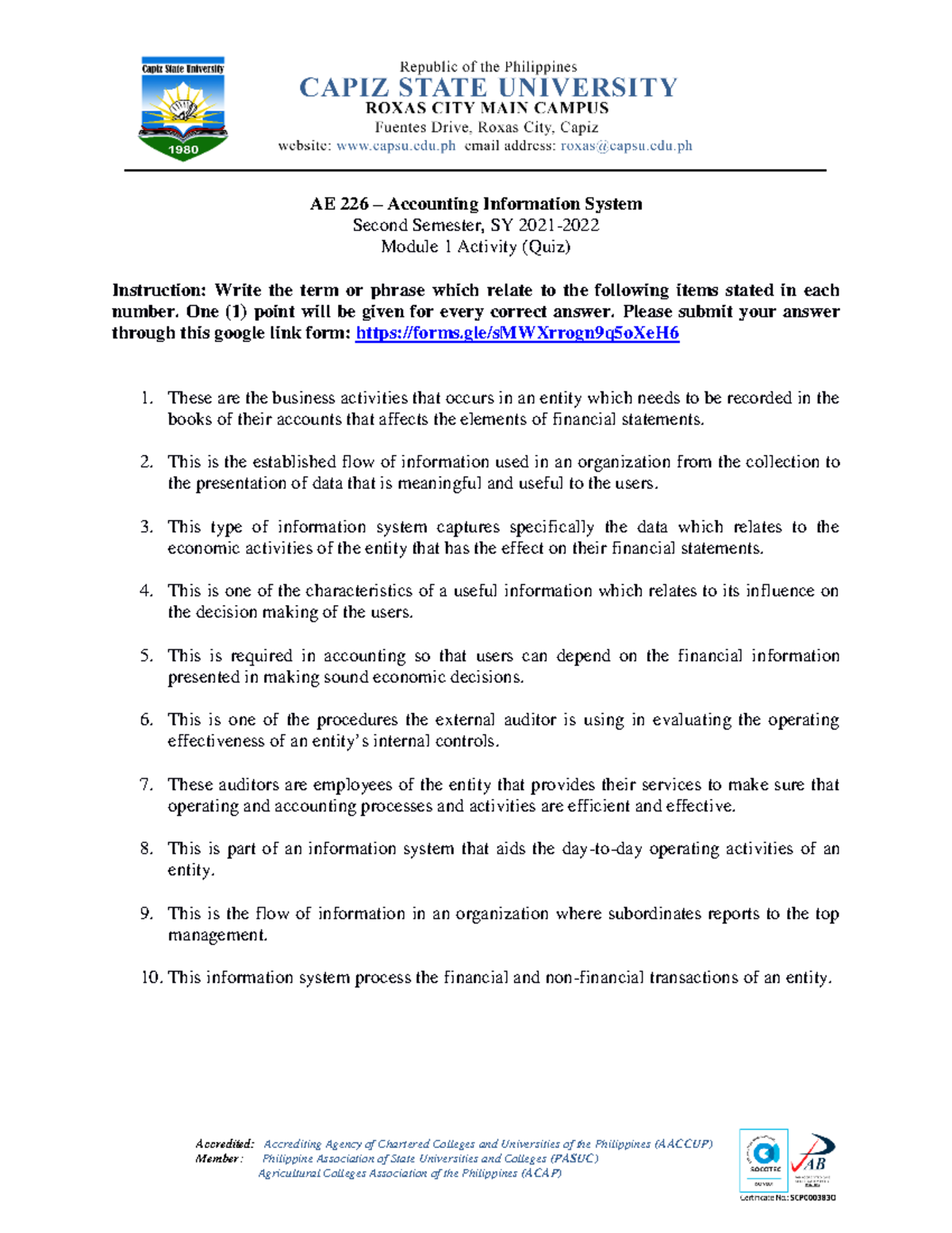 AIS Activity 1 (Quiz) - PRACTICE MATERIALS - Accredited: Accrediting ...