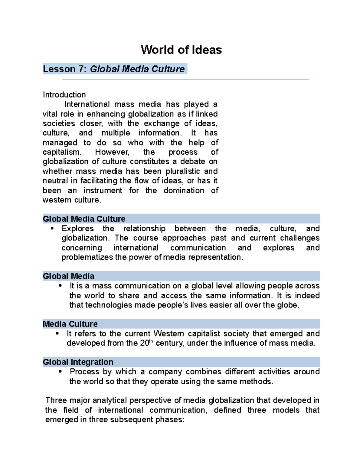 World of Ideas - World of Ideas Lesson 7: Global Media Culture ...