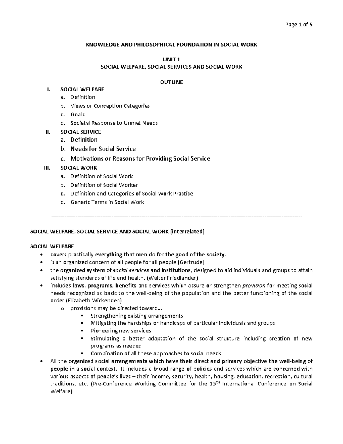 UNIT 1 SWP Social Welfare, Social Services AND Social WORK - KNOWLEDGE ...