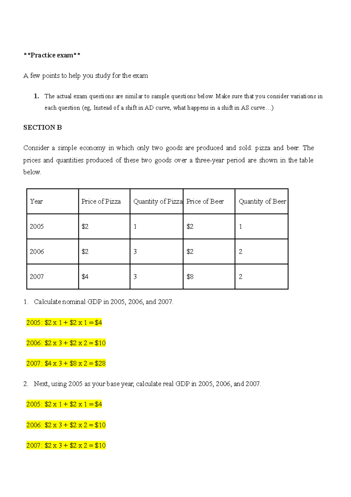 Practice Exam Questions and Tutorial Questions - Practice exam A few ...