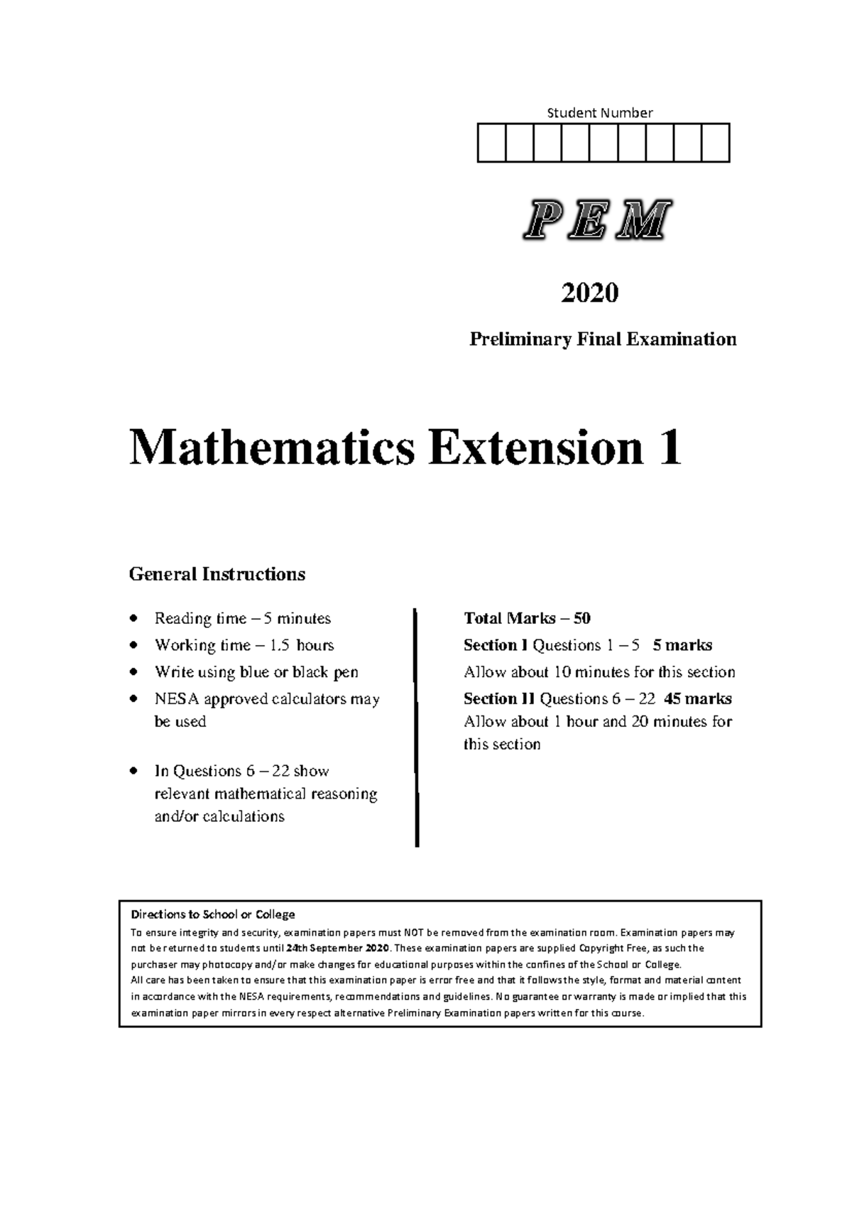 PEM EXT 1 Past Preliminary paper - Student Number Mathematics Extension ...