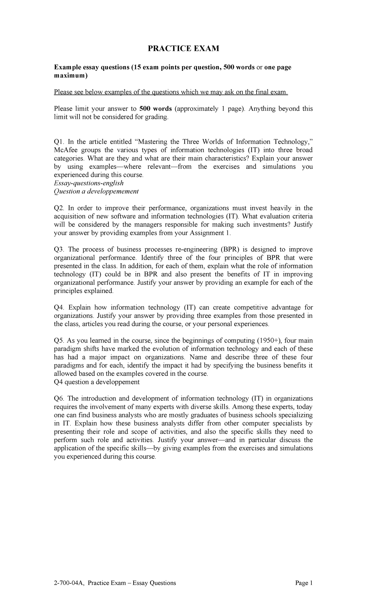 Practice Exam - Essay Questions - PRACTICE EXAM Example essay questions ...