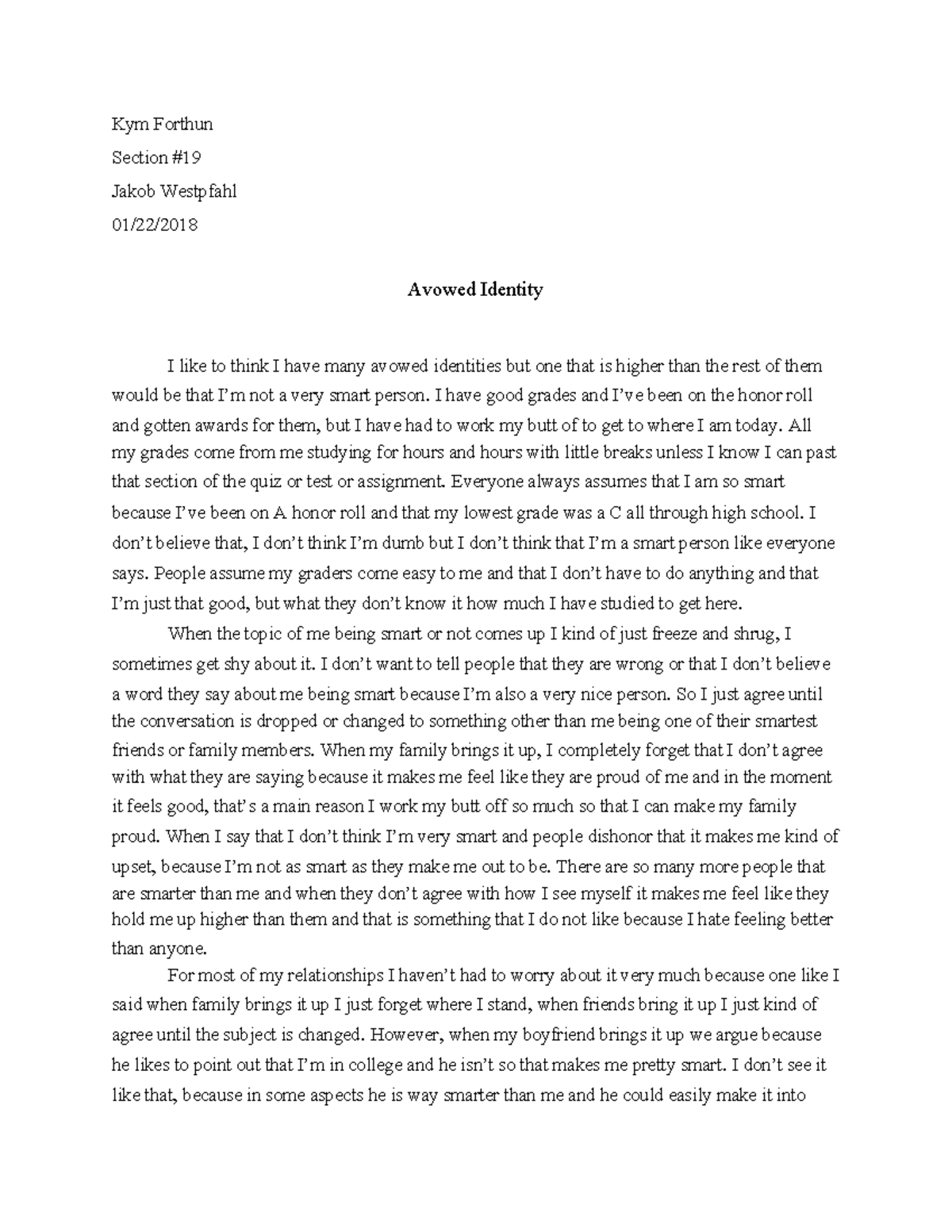 Identity Written Reflection - Kym Forthun Section #19 Jakob Westpfahl ...