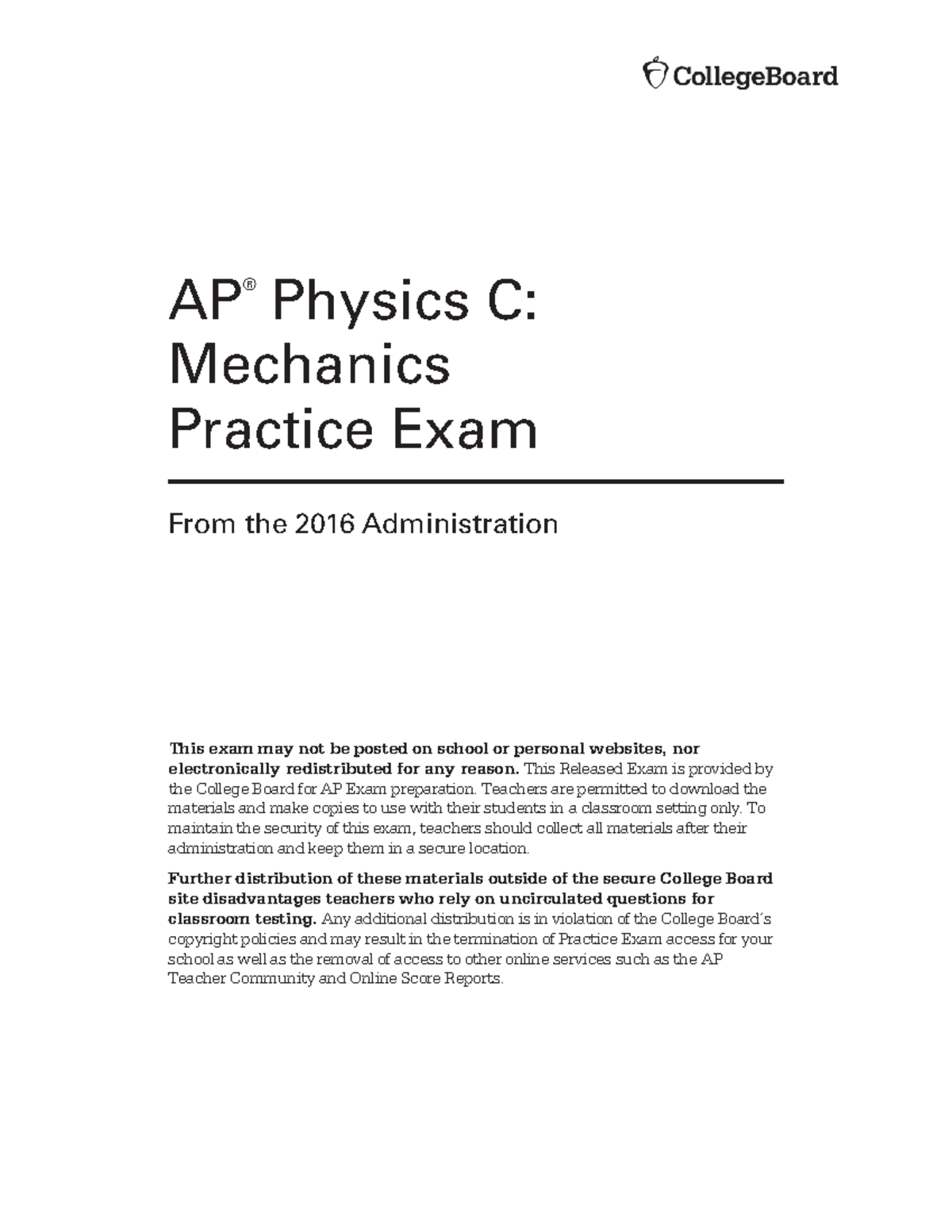 2016 AP Phys C Mech - sdfsaf - AP ® Physics C: Mechanics Practice Exam ...