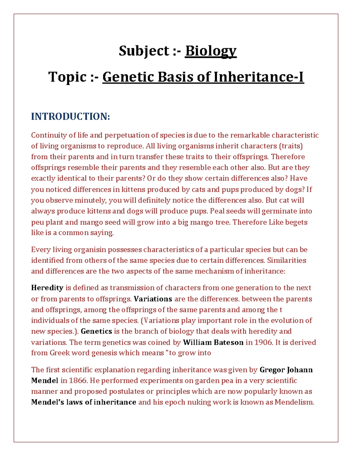 Genetic Basis of Inheritance-I - Subject :- Biology Topic :- Genetic ...