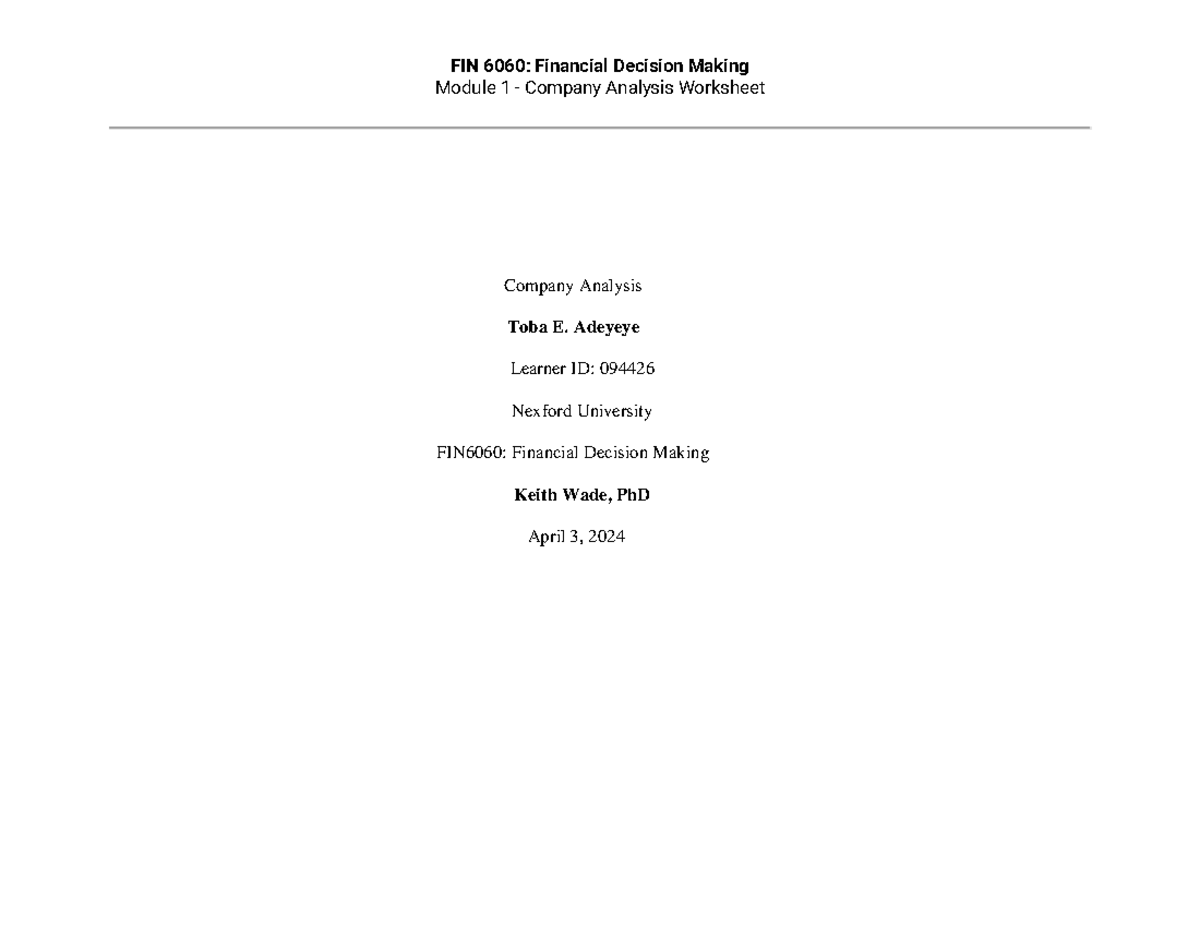 FIN 6060 Module 1 Worksheet - Module 1 - Company Analysis Worksheet ...