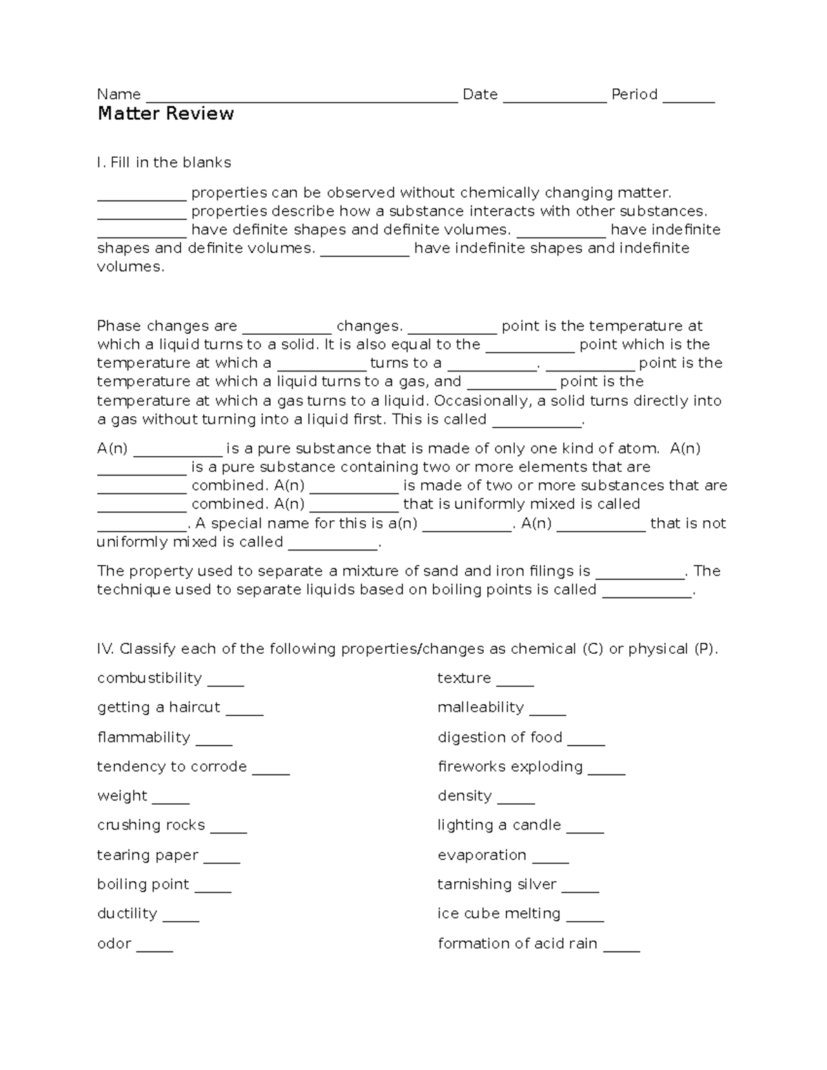 File - Review sheet for Unit 3: Matter - Name ...