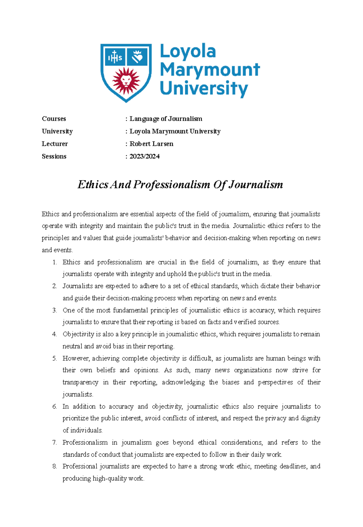 Ethics And Professionalism Of Journalism - Courses : Language of ...