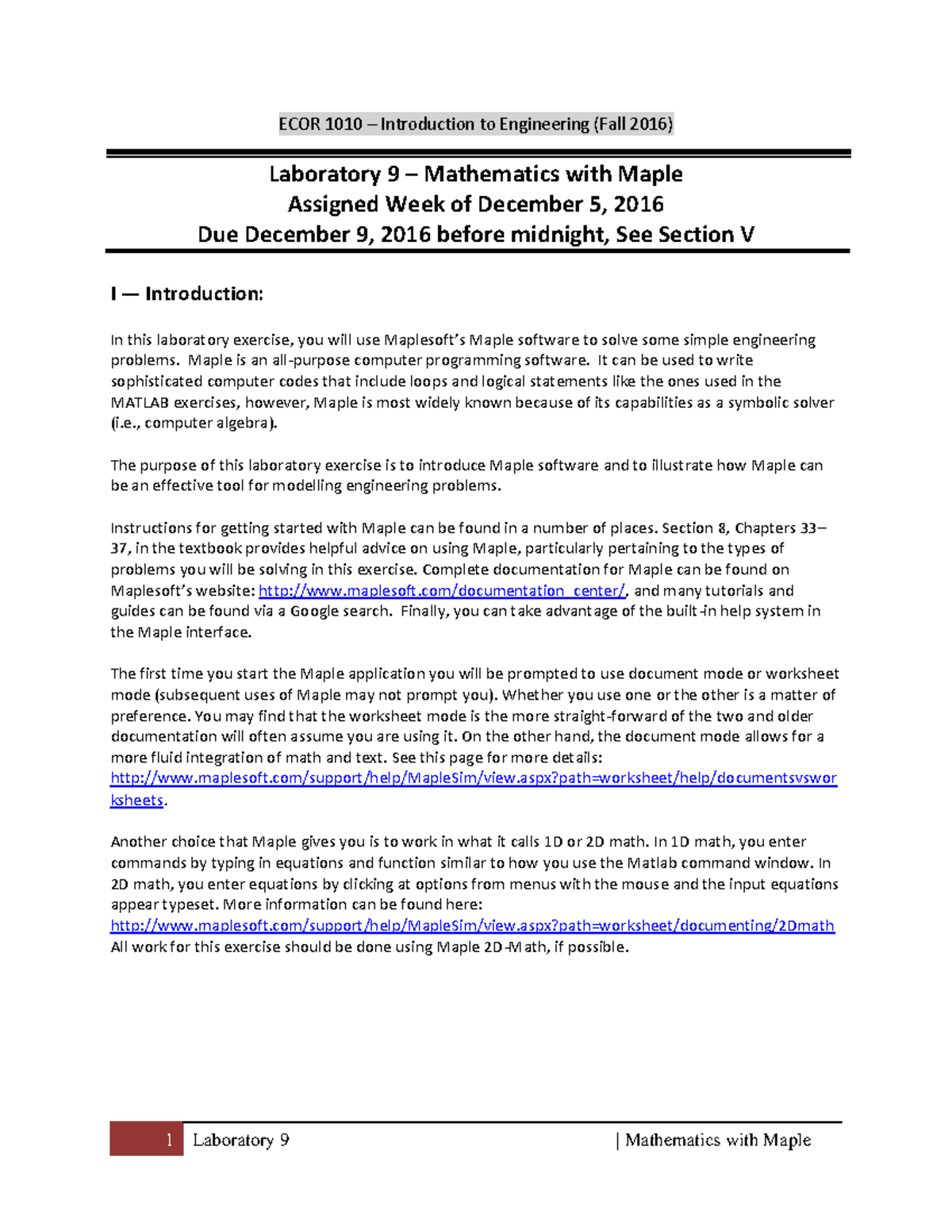 Laboratory 9 2016 - Lab8 problem solve - ECOR 1010 – Introduction to Engineering (Fall 2016 ...