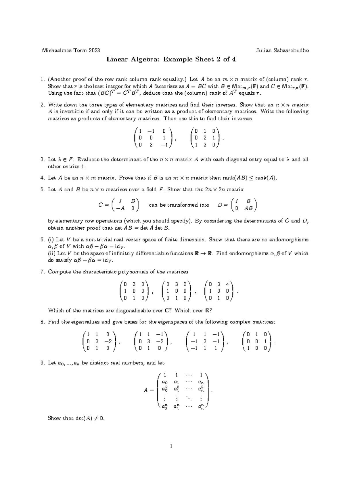 Lin alg ex2 2023 - Michaelmas Term 2023 Julian Sahasrabudhe Linear ...