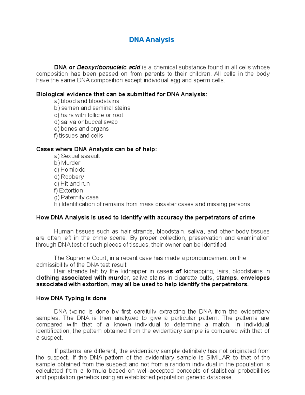 DNA Analysis LESSON - DNA Analysis DNA or Deoxyribonucleic acid is a ...