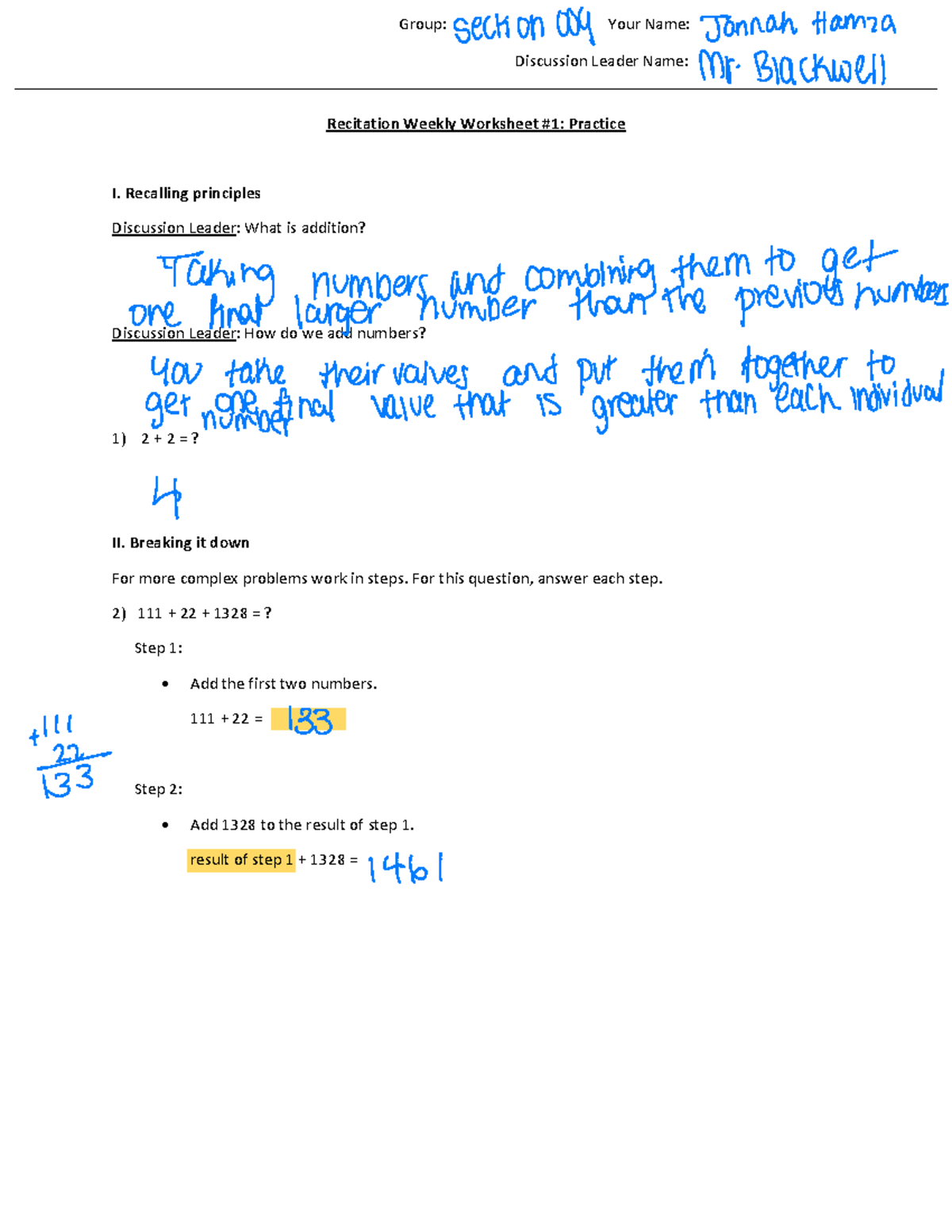 Recitation worksheet practice F23 - Group: Your Name: Discussion Leader ...