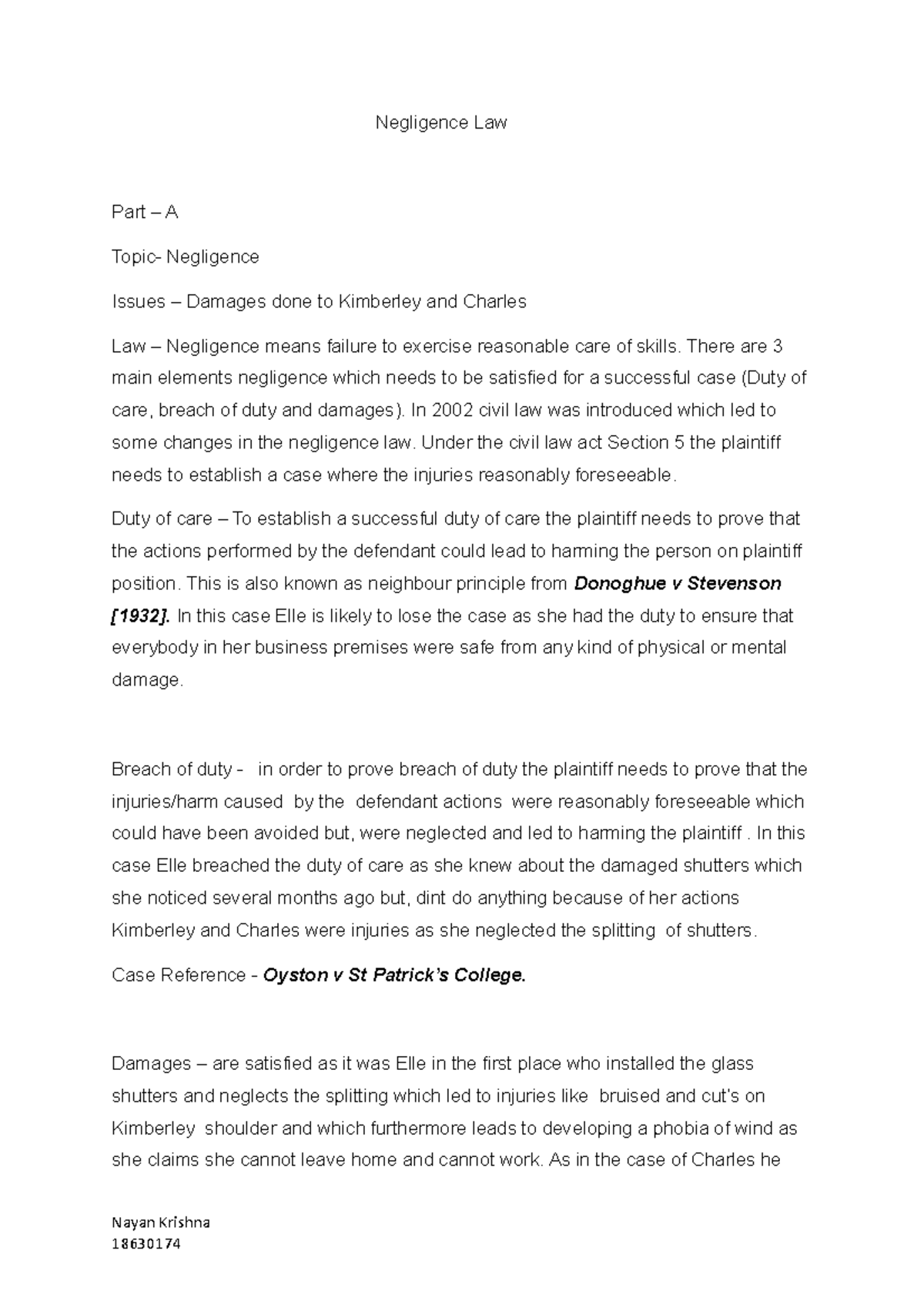 Negligence Law - Grade: 9 - Negligence Law Part A Negligence Issues ...