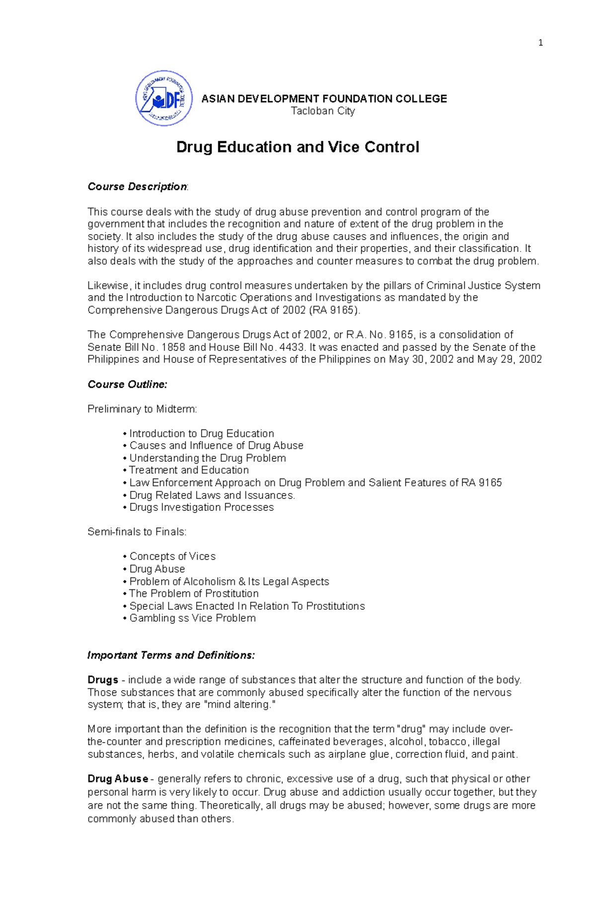 DRUG EDUCATION 2022 HANDOUTS - ASIAN DEVELOPMENT FOUNDATION COLLEGE ...