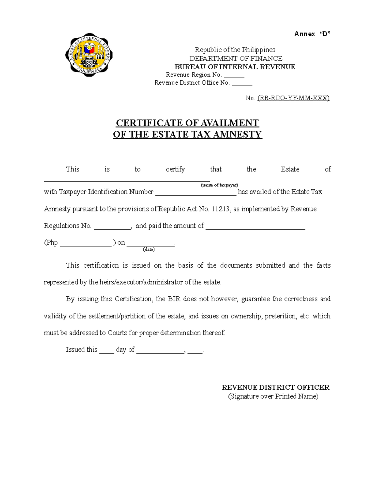 Annex D - Certificate of Availment - Annex “D” Republic of the ...