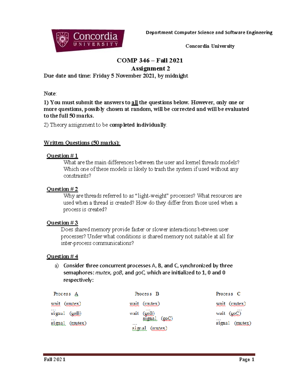 Operating systems- Assignment2-Questions - COMP 346 - Concordia - Studocu