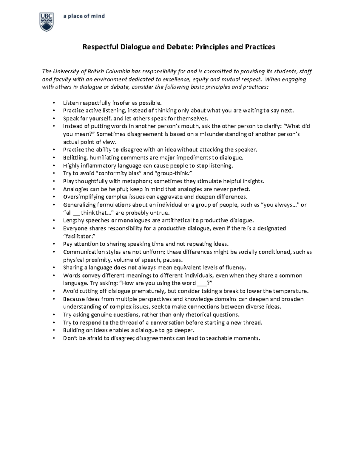 Respectful Dialogue and Debate Principles and Practices - When engaging ...