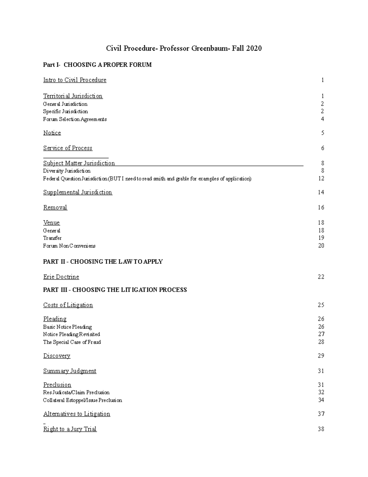 Civil Procedure Outline - Part I- CHOOSING A PROPER FORUM Civil ...