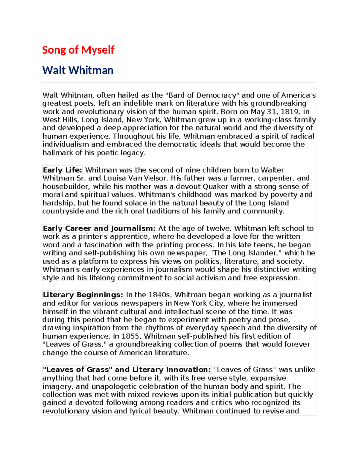 Introduction to American Literature Midterm - Song of Myself Walt ...