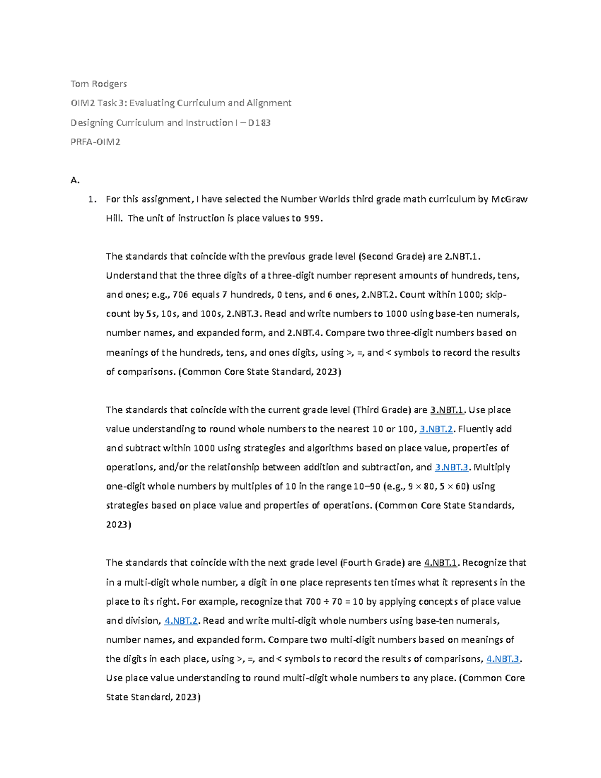 OIM2 Task 3 - Task 3 Passed - Tom Rodgers OIM2 Task 3: Evaluating Curriculum and Alignment ...