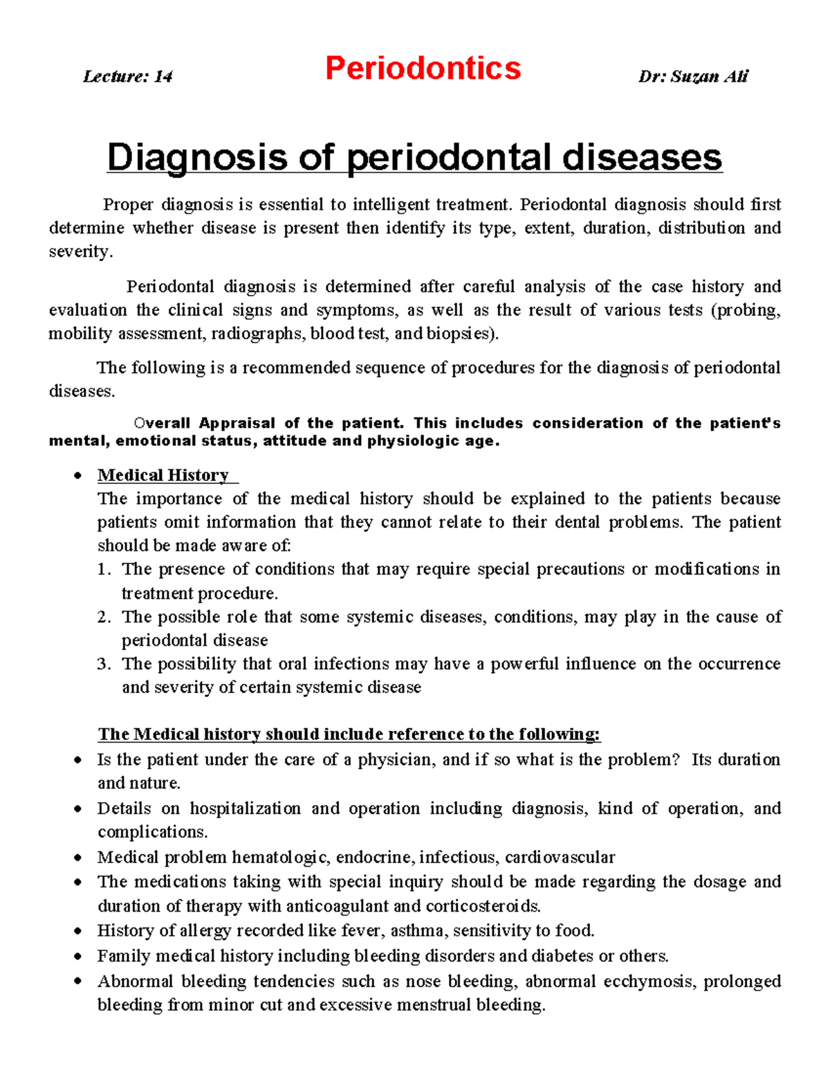 Perio lec18 - Lecture: 14 Periodontics Dr: Suzan Ali Diagnosis of ...